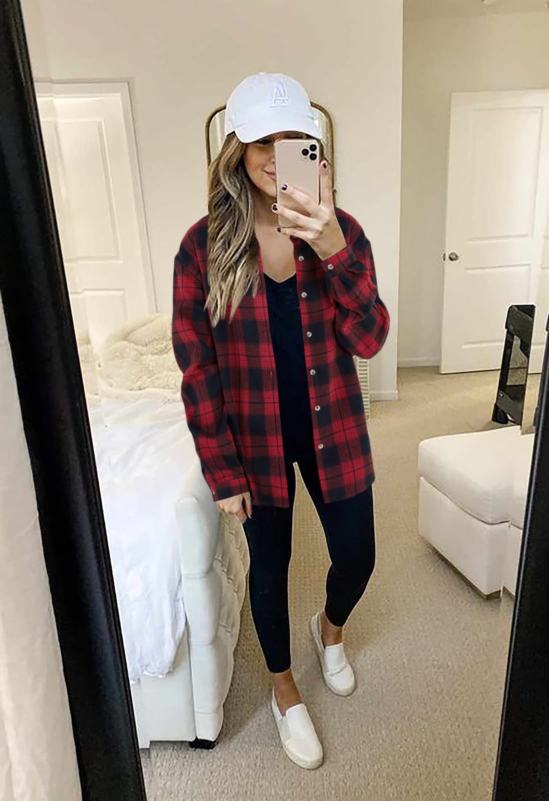 Wenrine Womens Long Sleeve Button Down Shirt Casual Plaid Flannel Shirt Collared Blouse Tops