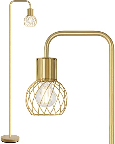 Industrial Floor Lamp for Living Room, Modern Standing Lamp for Bedroom with 6W LED Bulb, Foot Switch, Metal Tall Stand Up Lamp/Light, Minimalist Farmhouse Floor Lamp for Office, Vintage, Rustic, Gold