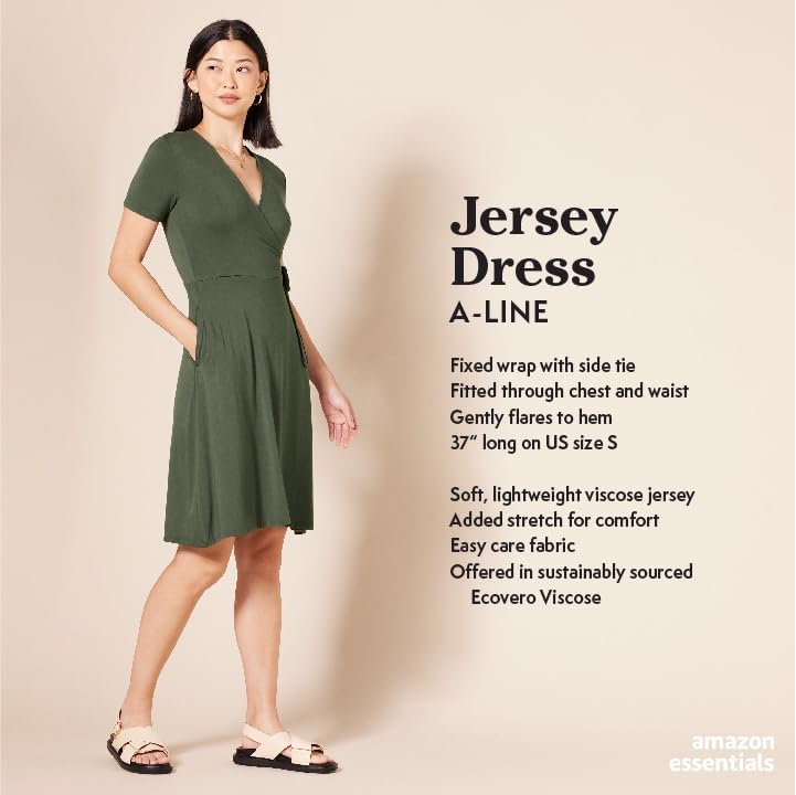 Amazon Essentials Women's Short Sleeve Faux-Wrap Dress, Olive Dots, Large