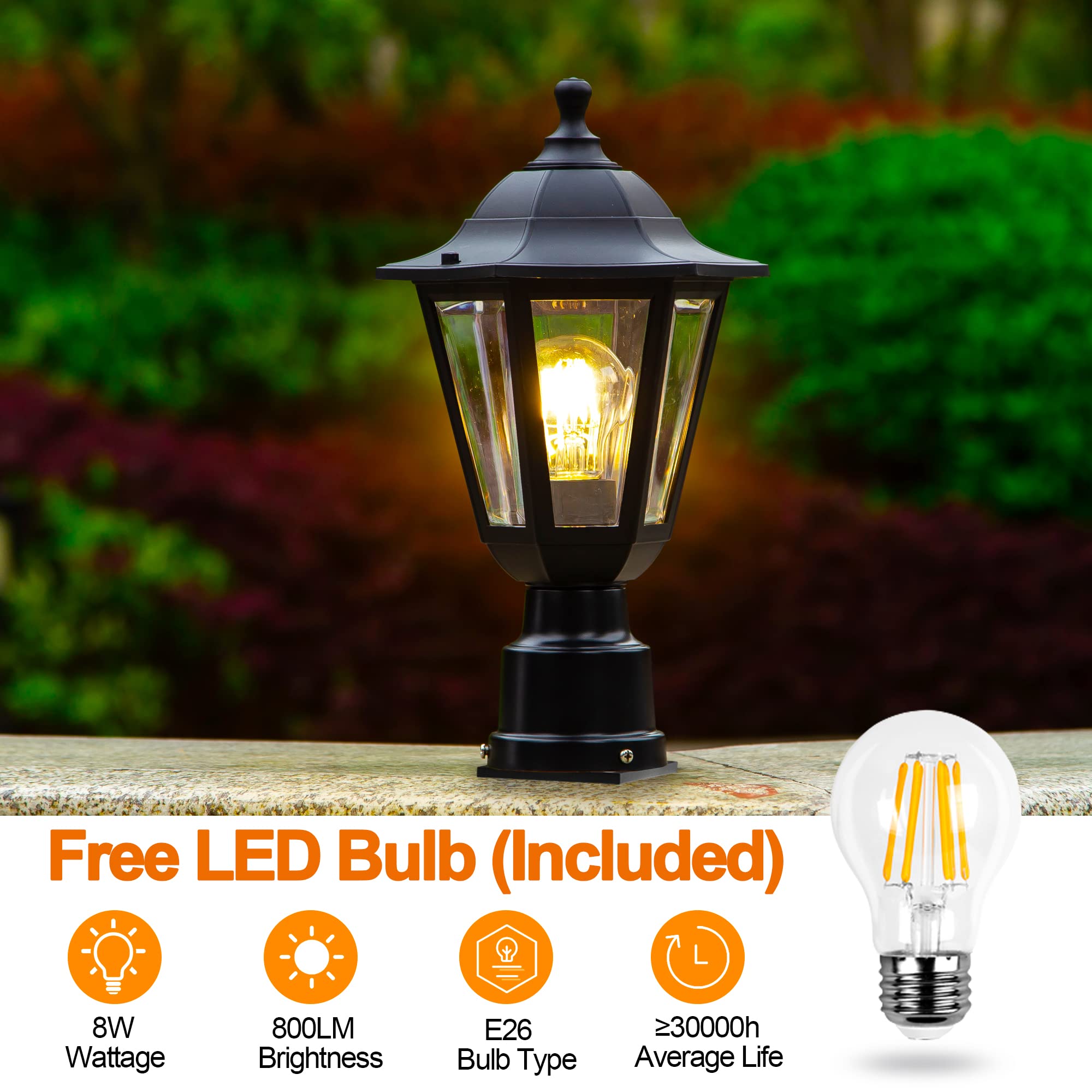 FUDESY Outdoor Post Light, Exterior Lamp Post Light Fixture with Pier Mount Base, Waterproof Pole Lantern Lighting with E26 Socket, Matte Black Plastic Lamp for Garden Patio Pathway(Bulb Included)
