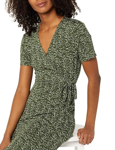 Amazon Essentials Women's Short Sleeve Faux-Wrap Dress, Olive Dots, Large
