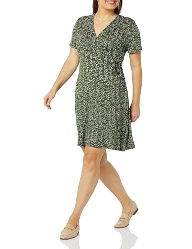 Amazon Essentials Women's Short Sleeve Faux-Wrap Dress, Olive Dots, Large