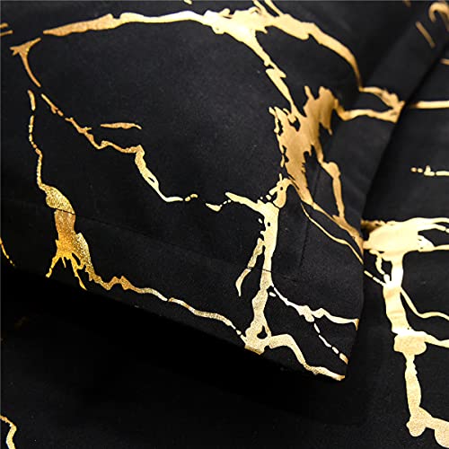 Holawakaka Black Gold Metallic Marble Duvet Cover Set Queen Size Foil Print Glitter Bedding Set (Black Queen, No Comforter)