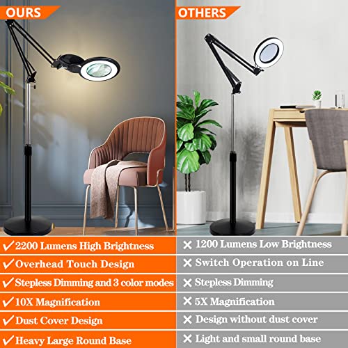 HITTI 10X Floor Magnifying Glass with Light 3-in-1 Super Bright 2200 Lumens Magnifier with Light and Stand, 3 Color Modes Stepless Dimming, Swing Arm LED Magnifying Floor Lamp for Esthetician Craft