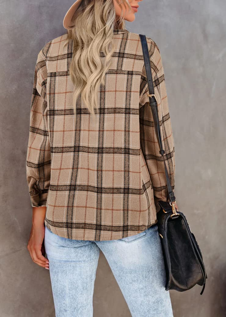 Womens Long Sleeve Flannel Shirts Plaid Flannels Lapels Collared Button Down Shacket Casual Rolled Up Boyfriend Blouse Tops Khaki