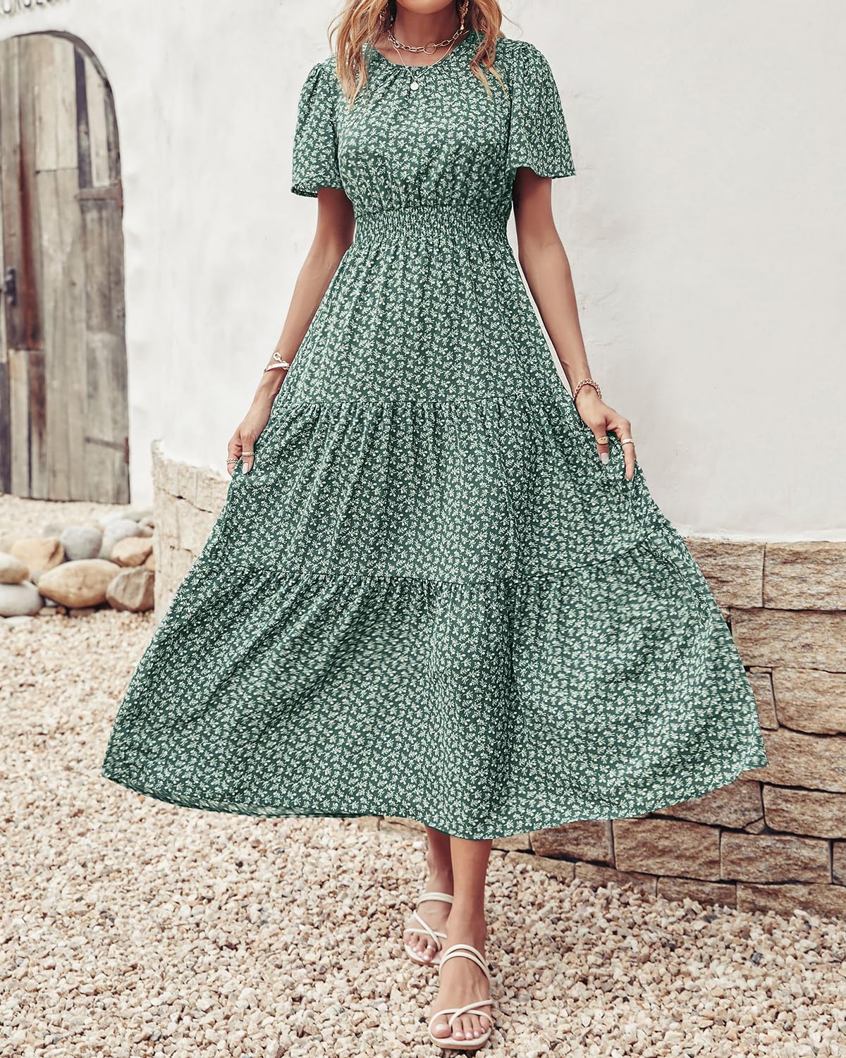 PRETTYGARDEN Women's Summer Casual Short Flutter Sleeve Round Neck Smocked Waist Tiered Boho Floral Flowy Maxi Dress(Small, Leaves Green)