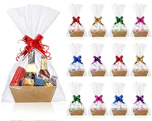 Canlierr 12 Pcs Gift Baskets Empty Includes 12 Pcs 10 x 7 x 3 Inches Kraft Market Tray Cardboard Basket with Handles, 18 Pcs Bags and 20 Pcs Multicolor Bows for Christmas Wedding Birthday Gift