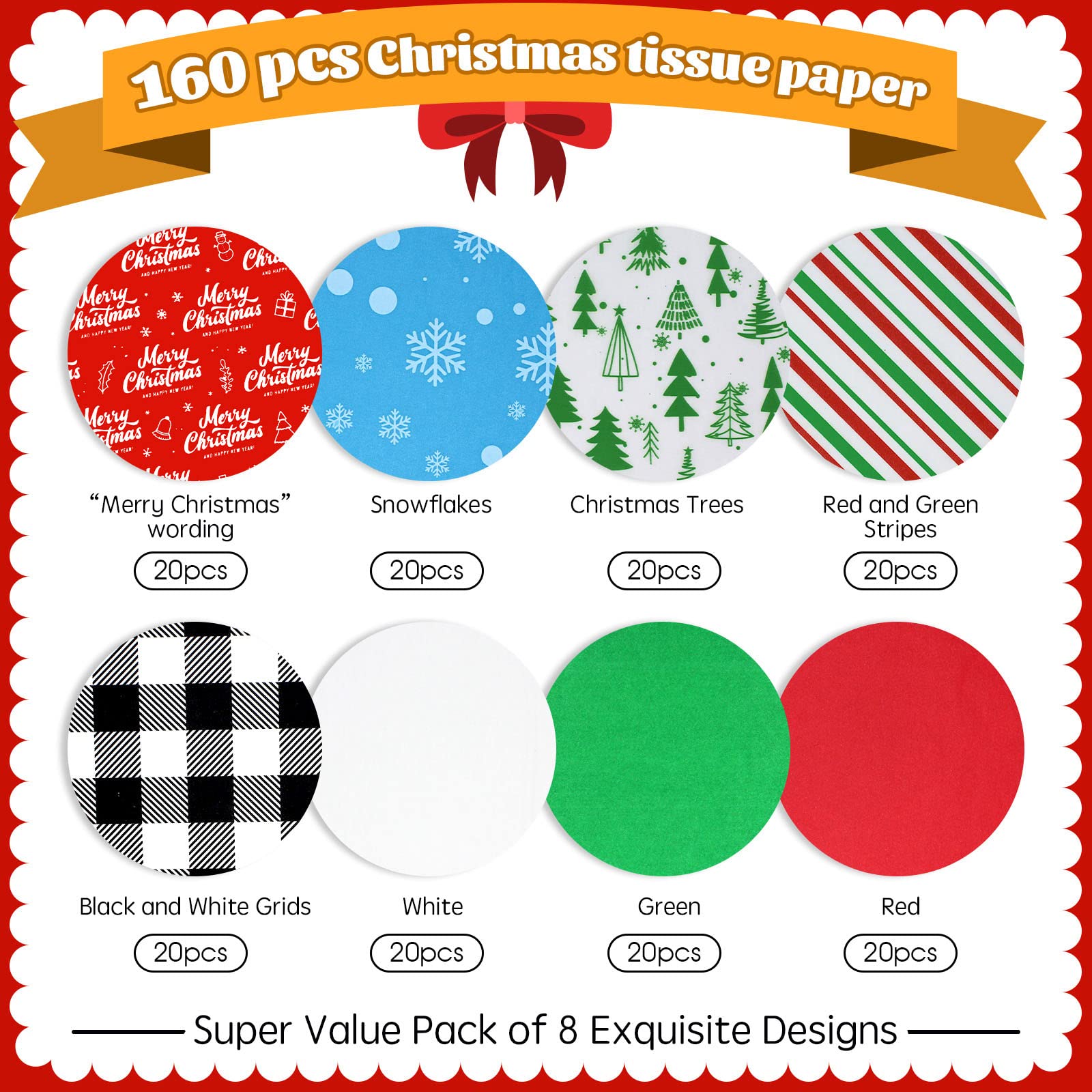 Hifunwu 160 Sheets Christmas Tissue Paper for Gift Wrapping Bags, Christmas Tissue Paper Bulk, Holiday Tissue Paper for Gift Bags Wrapping