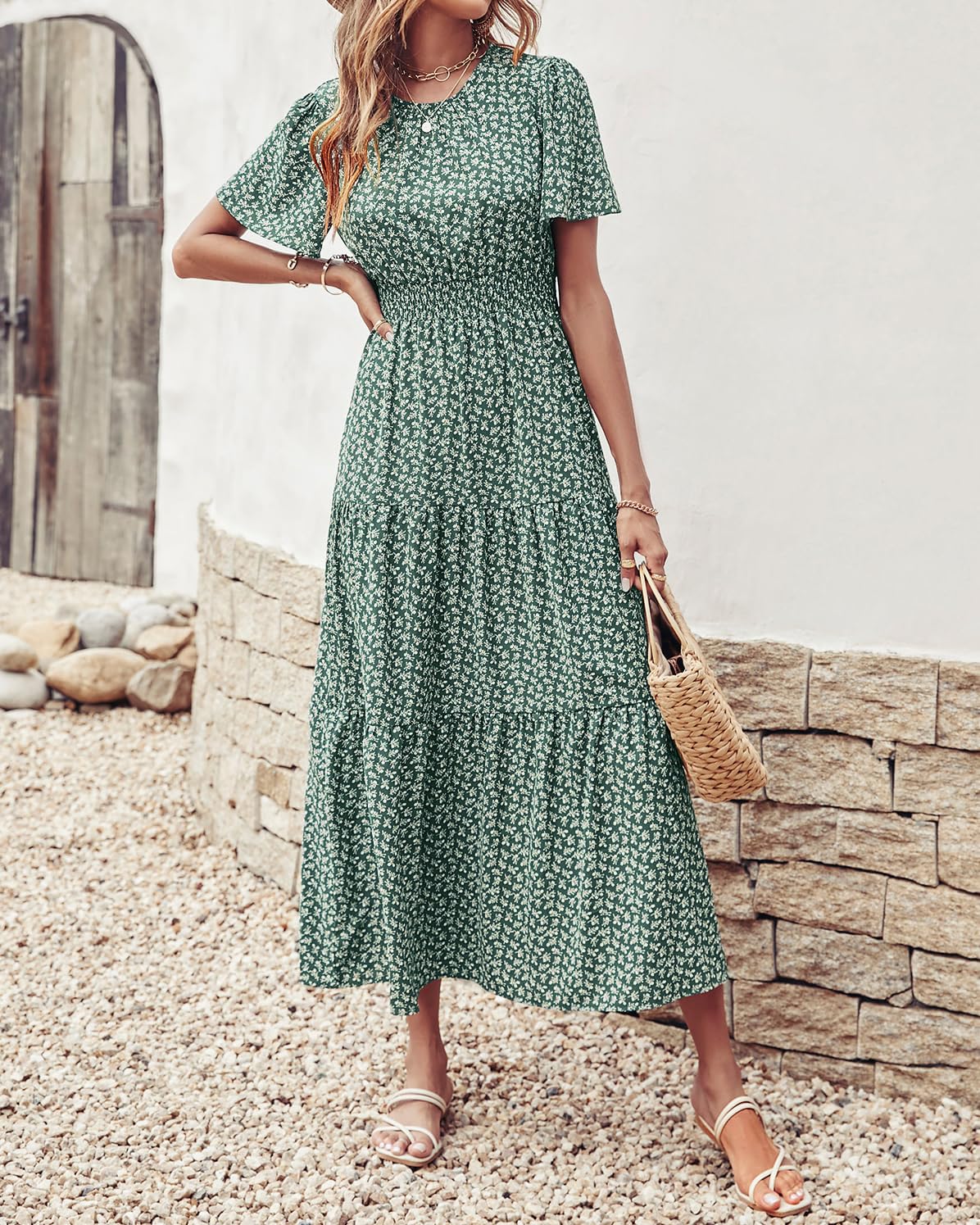 PRETTYGARDEN Women's Summer Casual Short Flutter Sleeve Round Neck Smocked Waist Tiered Boho Floral Flowy Maxi Dress(Small, Leaves Green)