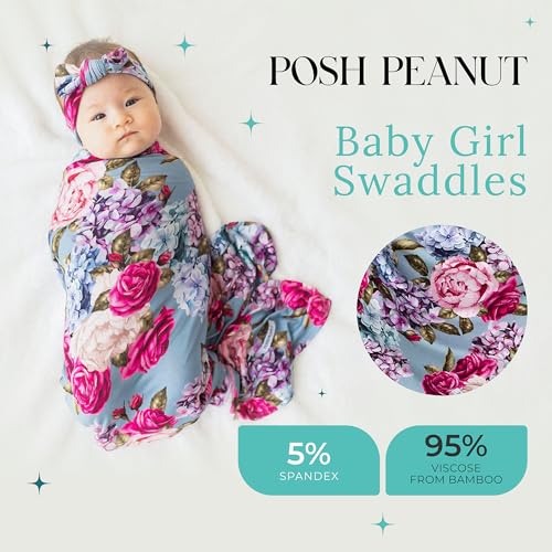 Posh Peanut Swaddle Blanket & Headband Set β Viscose from Bamboo Stretchy Baby Swaddle for Newborn Girls, Receiving Blanket or Nursing Cover (Lacey)