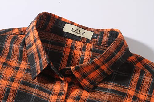 SSLR-Flannel-Shirts-for-Women-Long Sleeve Button Down Shirts Plaid Lightweight Casual (Large, Orange Black)
