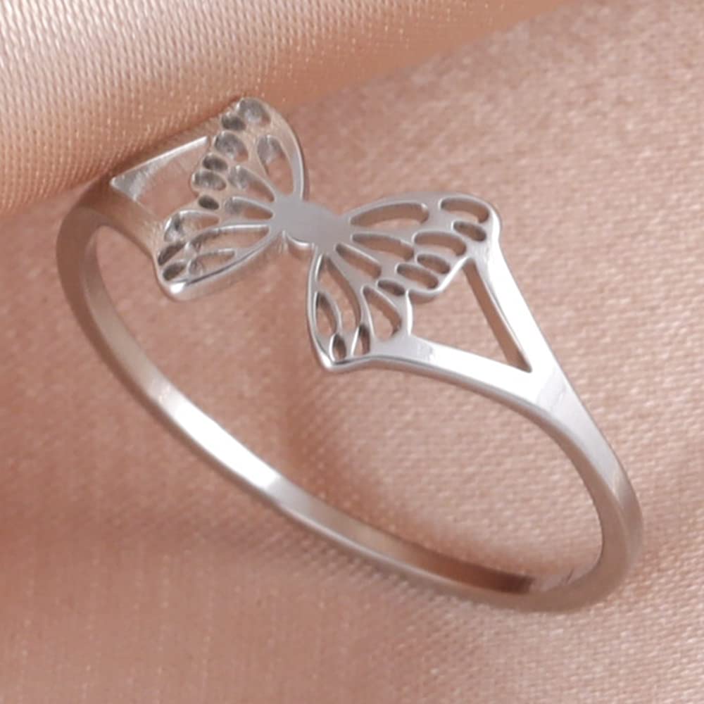 Jude Jewelers Stainless Steel Cute Dainty Butterfly Style Birthday Christmas Promise Statement Ring (Silver, 7)