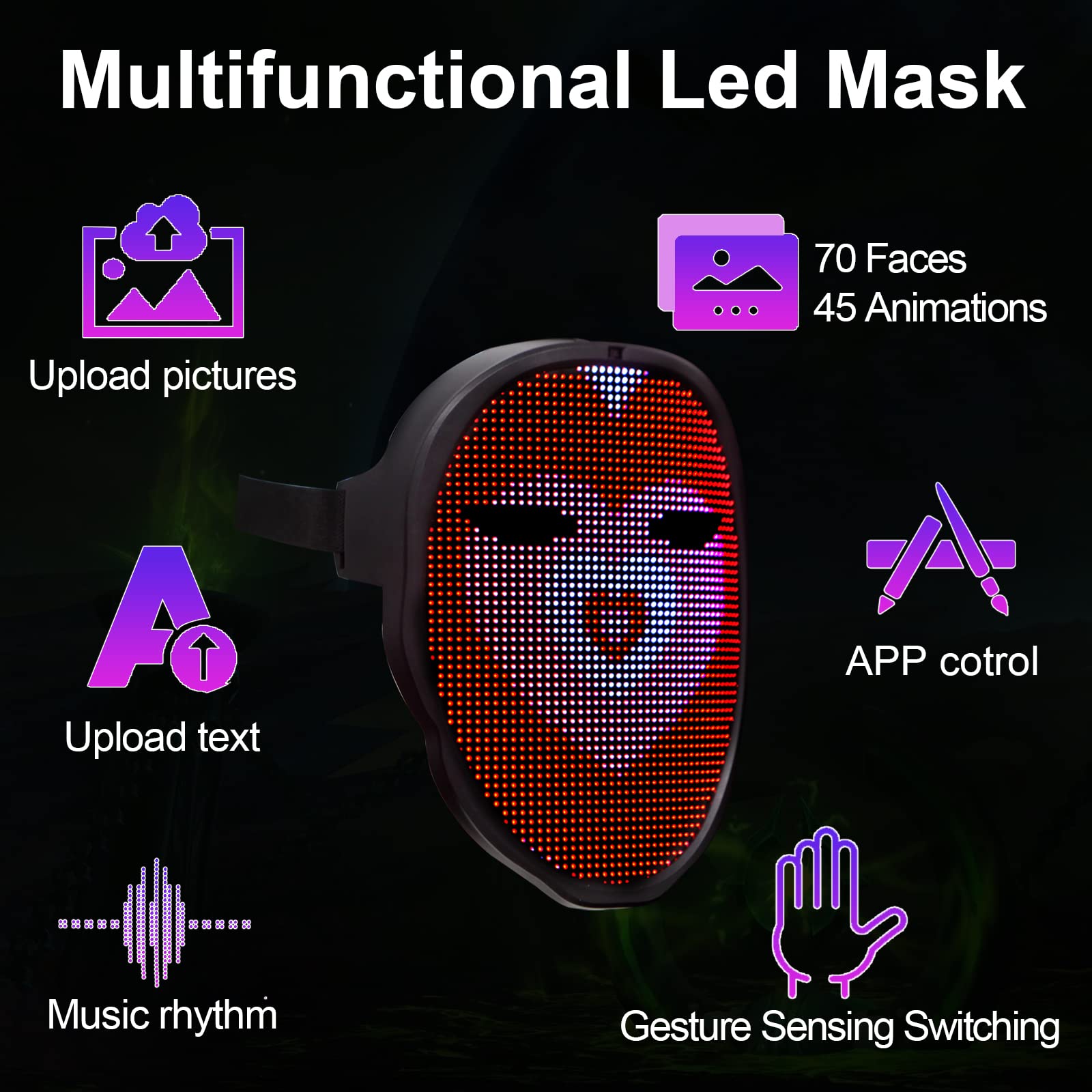 Led Mask with Bluetooth Programmable, Light up Face Mask, for Halloween Masquerade Costume Cosplay Party DJ, Coolest Mask