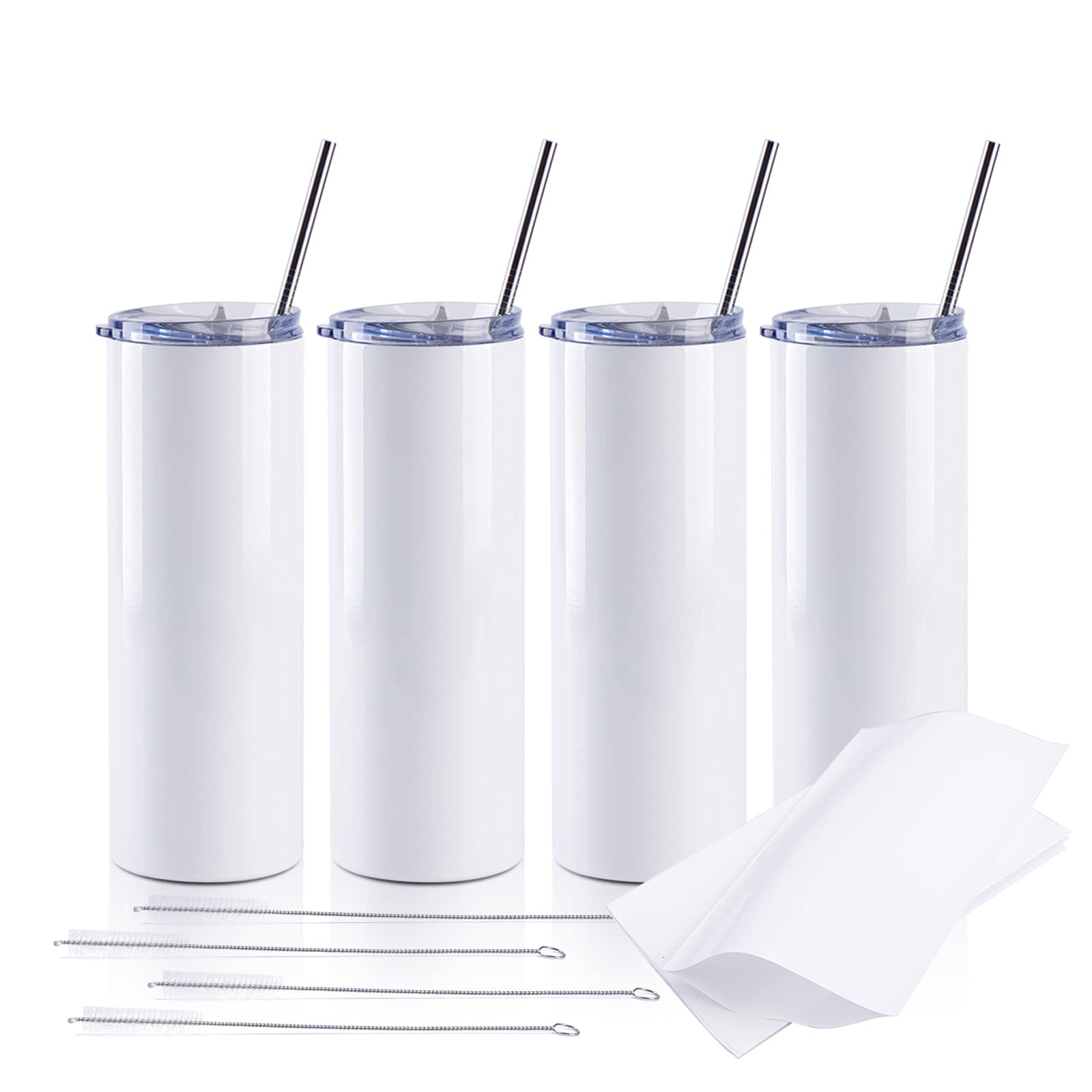 Sublifun Sublimation Tumbler Blanks,20oz White Straight Skinny Tumbler Bulk,4 Pack Stainless Steel Double Walled Tumbler with Lid and Metal Straw,High-quality coating for Tumbler Press Machine Print