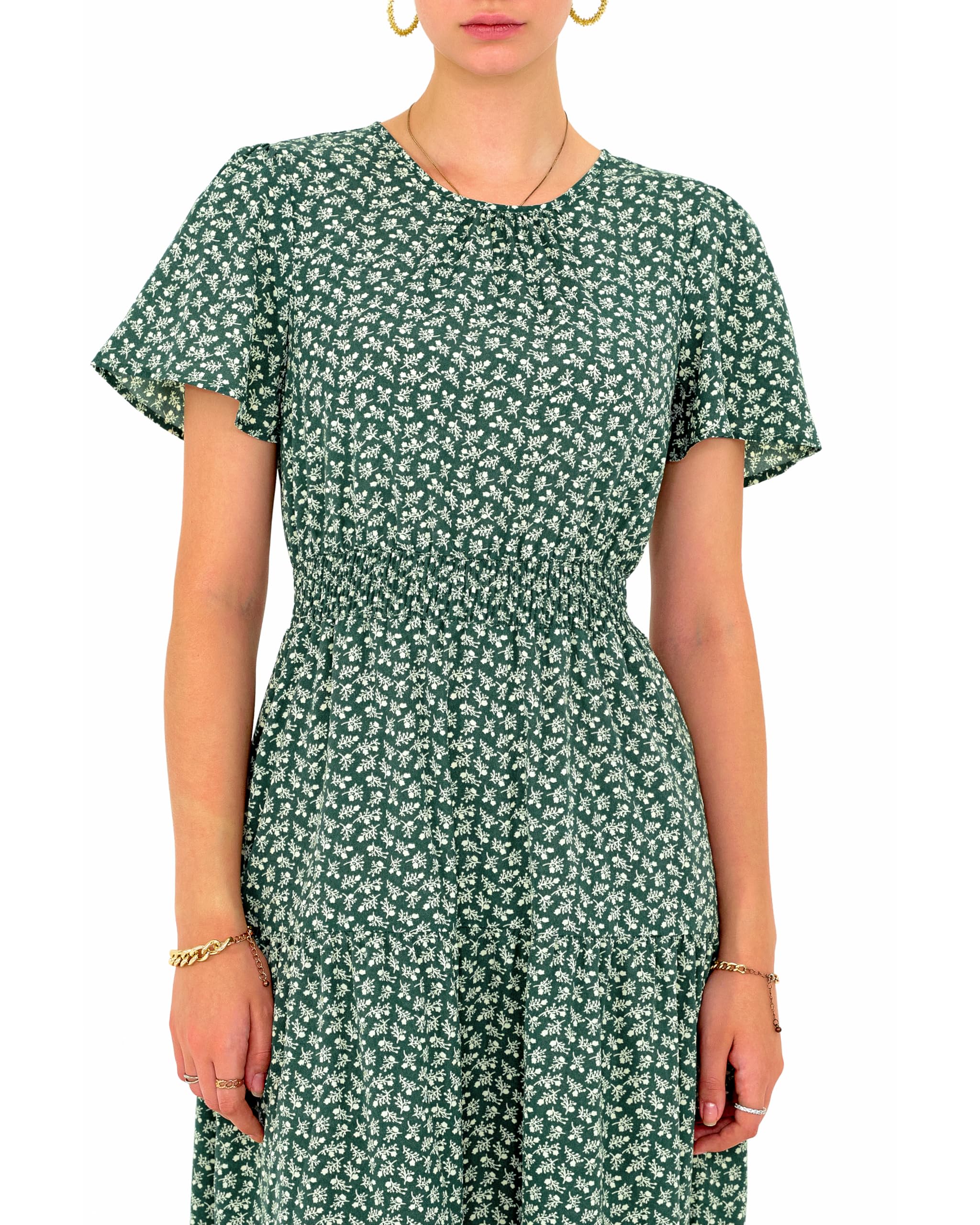 PRETTYGARDEN Women's Summer Casual Short Flutter Sleeve Round Neck Smocked Waist Tiered Boho Floral Flowy Maxi Dress(Small, Leaves Green)