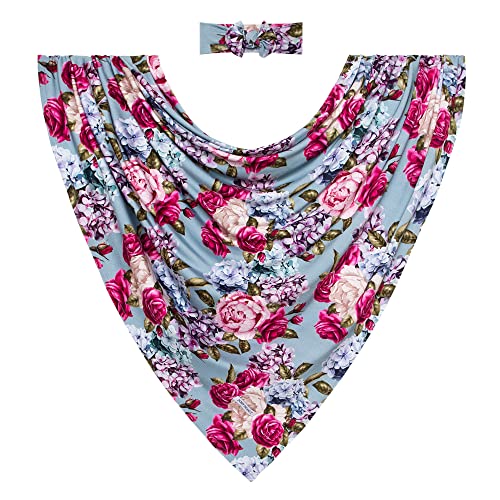 Posh Peanut Swaddle Blanket & Headband Set β Viscose from Bamboo Stretchy Baby Swaddle for Newborn Girls, Receiving Blanket or Nursing Cover (Lacey)