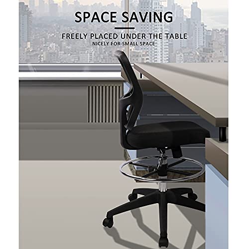 Mesh Drafting Chair Tall Office Chair Ergonomic Standing Desk Chair with Tilt Seat and Adjustable Foot Ring (Black)