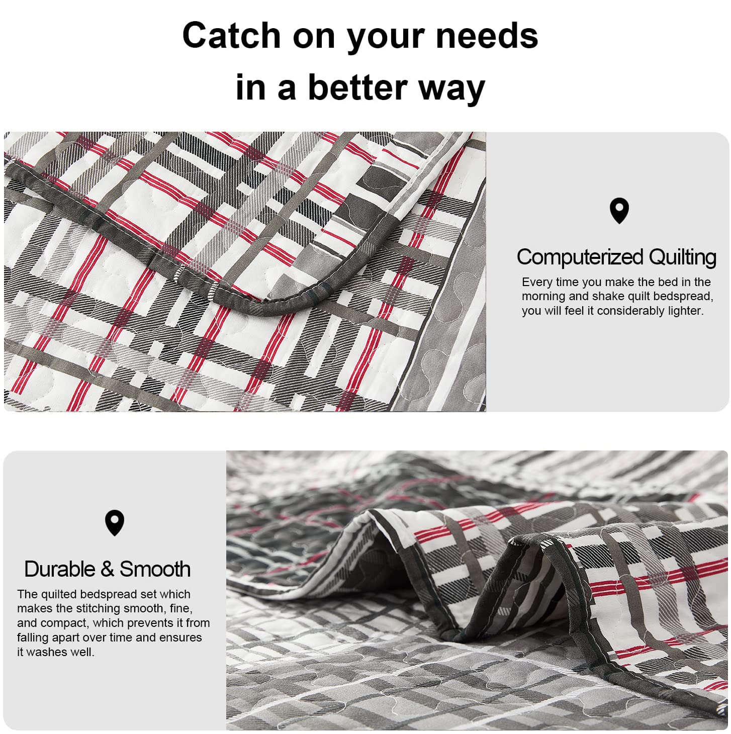 Ycosy King Size Quilt Set Bedding Plaid Patchwork Bedspread Set Soft Lightweight Quilt Bedspread Bedding Black White Grey Plaid Stripe Modern Quilts Patchwork Coverlet Mens Home Quilt for King Bed