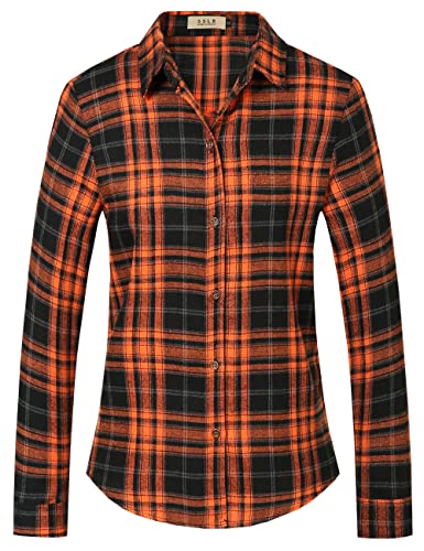 SSLR-Flannel-Shirts-for-Women-Long Sleeve Button Down Shirts Plaid Lightweight Casual (Large, Orange Black)