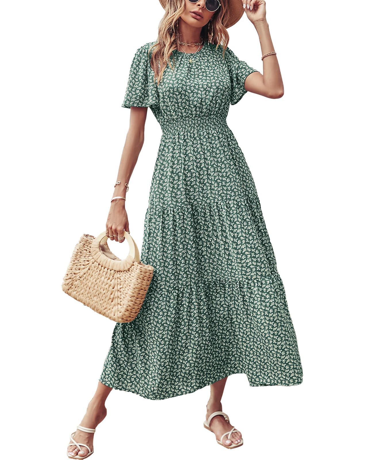 PRETTYGARDEN Women's Summer Casual Short Flutter Sleeve Round Neck Smocked Waist Tiered Boho Floral Flowy Maxi Dress(Small, Leaves Green)