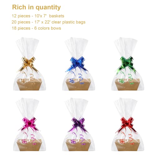 Canlierr 12 Pcs Gift Baskets Empty Includes 12 Pcs 10 x 7 x 3 Inches Kraft Market Tray Cardboard Basket with Handles, 18 Pcs Bags and 20 Pcs Multicolor Bows for Christmas Wedding Birthday Gift