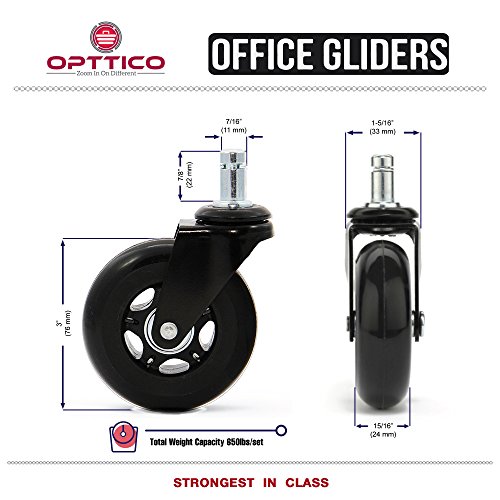 Office Chair Wheels Replacement Set of 5 - NO MORE CHAIR MATS - Office Chair Casters for HARDWOOD FLOORS - Smooth Rolling, Soft Rubber Desk Chair Wheels, Rollerblade Style Computer Chair Caster Wheels