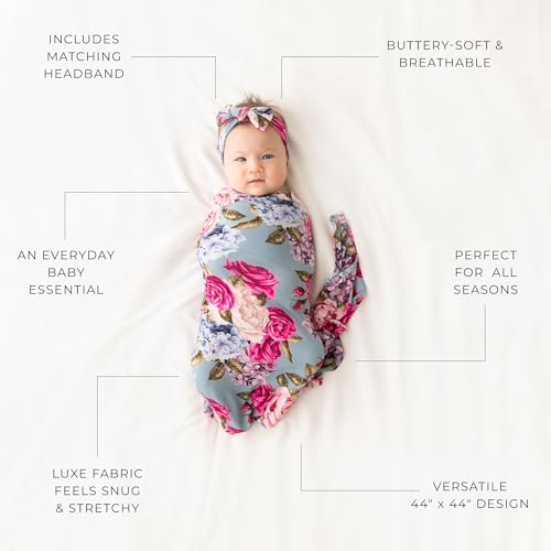 Posh Peanut Swaddle Blanket & Headband Set β Viscose from Bamboo Stretchy Baby Swaddle for Newborn Girls, Receiving Blanket or Nursing Cover (Lacey)