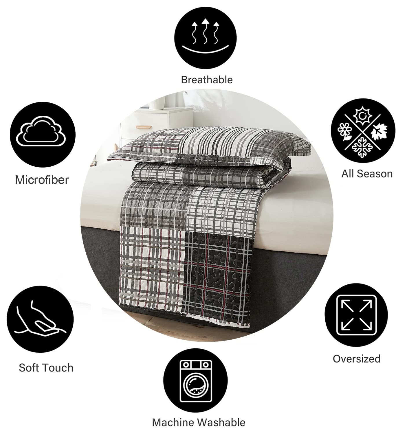 Ycosy King Size Quilt Set Bedding Plaid Patchwork Bedspread Set Soft Lightweight Quilt Bedspread Bedding Black White Grey Plaid Stripe Modern Quilts Patchwork Coverlet Mens Home Quilt for King Bed