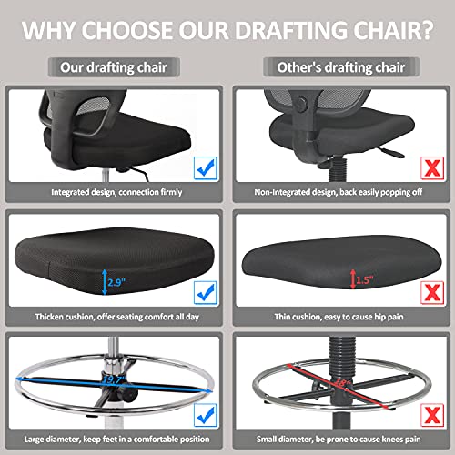 Mesh Drafting Chair Tall Office Chair Ergonomic Standing Desk Chair with Tilt Seat and Adjustable Foot Ring (Black)
