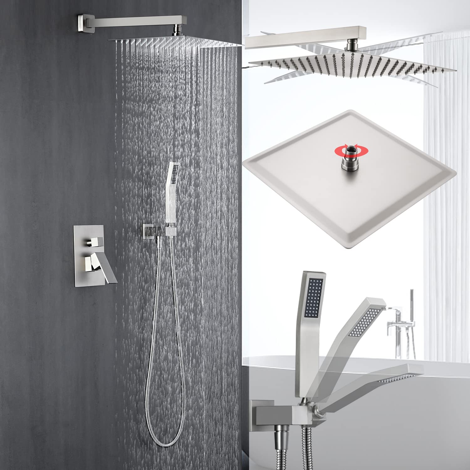 Kruzoo Shower System Rain 12 inches Brass Shower Faucet Set with Handheld Spray Mixer Set High Pressure Square Rainfall Shower Rough-in Valve (cUPC Certified Shower Valve Included) Brushed Nickel