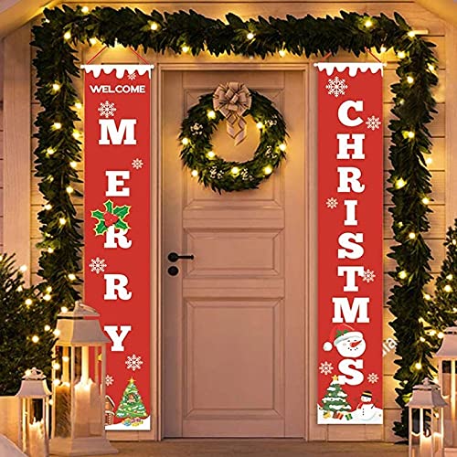 JEMESI Merry Christmas Banner, Red Christmas Banner, New Year Outdoor Indoor Christmas Decorations Welcome Bright Red Xmas Porch Sign Hanging for Home Wall Door Holiday Party Decor