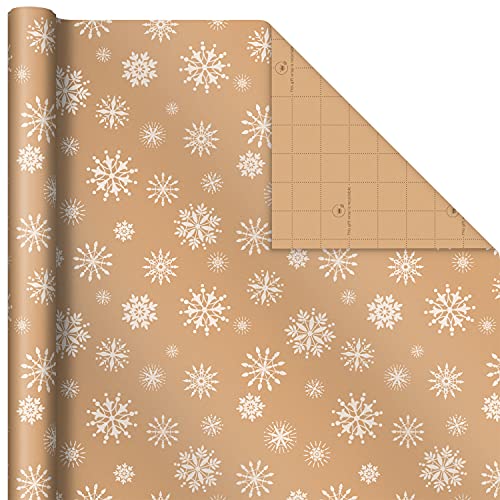 Hallmark Recyclable Kraft Wrapping Paper with Cut Lines (3 Rolls: 90 Sq. Ft. Ttl.) Minimalist Christmas, White Trees, Deer Antlers, Snowflakes on Brown Kraft for Holidays, Weddings, Winter Solstice