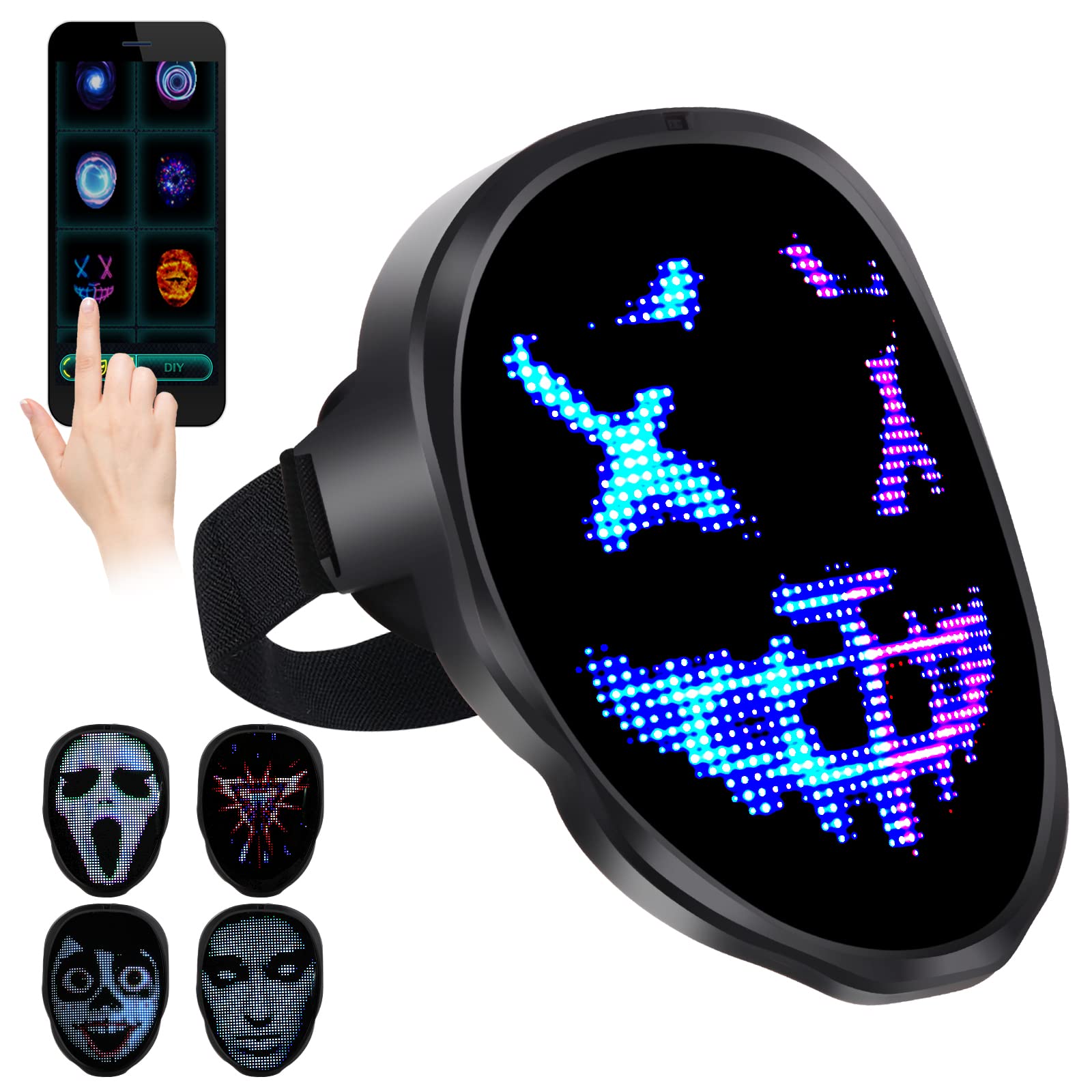 Led Mask with Bluetooth Programmable, Light up Face Mask, for Halloween Masquerade Costume Cosplay Party DJ, Coolest Mask