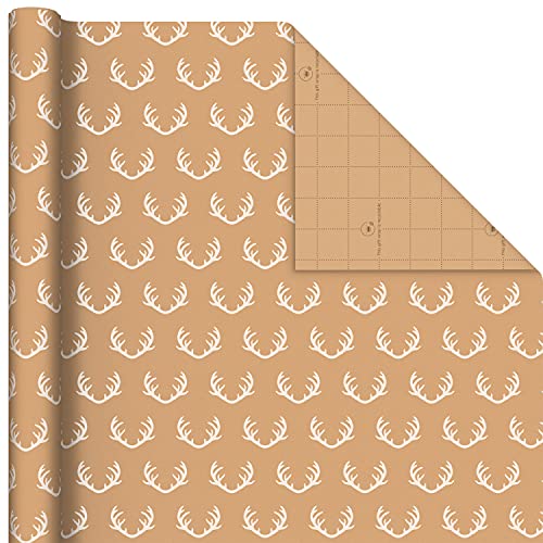 Hallmark Recyclable Kraft Wrapping Paper with Cut Lines (3 Rolls: 90 Sq. Ft. Ttl.) Minimalist Christmas, White Trees, Deer Antlers, Snowflakes on Brown Kraft for Holidays, Weddings, Winter Solstice
