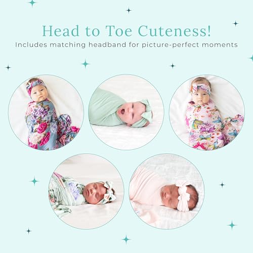 Posh Peanut Swaddle Blanket & Headband Set β Viscose from Bamboo Stretchy Baby Swaddle for Newborn Girls, Receiving Blanket or Nursing Cover (Lacey)