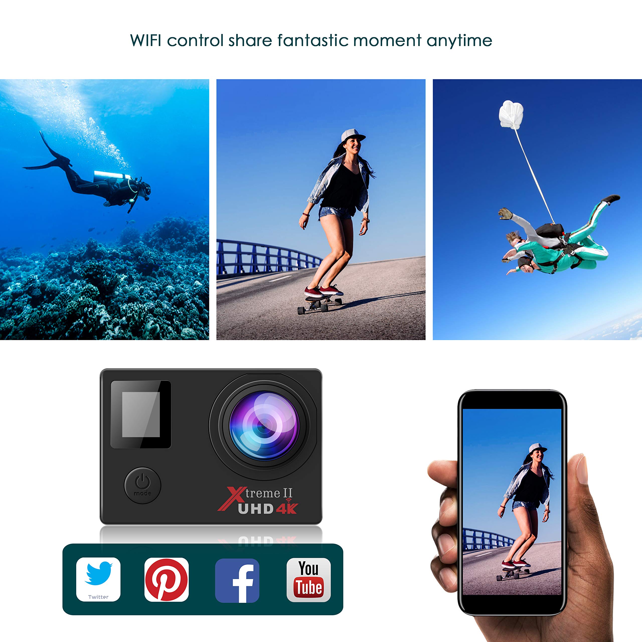 CAMWORLD Action Camera 4K 30FPS WiFi Ultra HD 4X Zoom PC Webcam Sports Underwater 30M Waterproof 170° Wide Angle Lens with Remote Control, 2 Batteries and Mounting Kit
