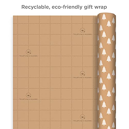 Hallmark Recyclable Kraft Wrapping Paper with Cut Lines (3 Rolls: 90 Sq. Ft. Ttl.) Minimalist Christmas, White Trees, Deer Antlers, Snowflakes on Brown Kraft for Holidays, Weddings, Winter Solstice