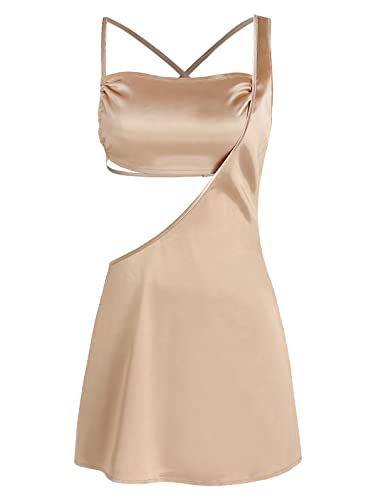ZAFUL Women's 2 Piece Cut Out Silky Satin and One Shoulder Mini Cami Dresses for Graduation Night Club Date Party(Champagne, S)