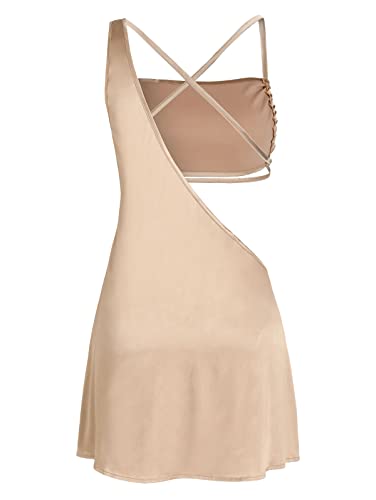 ZAFUL Women's 2 Piece Cut Out Silky Satin and One Shoulder Mini Cami Dresses for Graduation Night Club Date Party(Champagne, S)