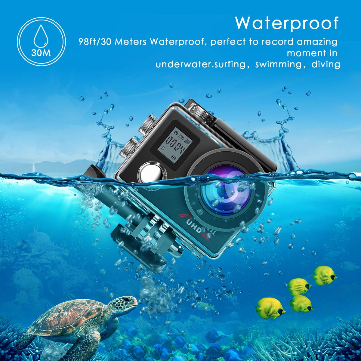 CAMWORLD Action Camera 4K 30FPS WiFi Ultra HD 4X Zoom PC Webcam Sports Underwater 30M Waterproof 170° Wide Angle Lens with Remote Control, 2 Batteries and Mounting Kit