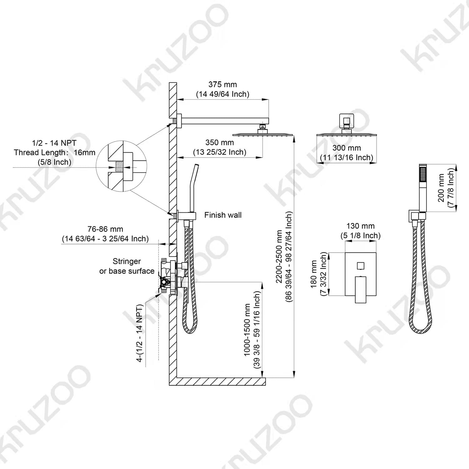 Kruzoo Shower System Rain 12 inches Brass Shower Faucet Set with Handheld Spray Mixer Set High Pressure Square Rainfall Shower Rough-in Valve (cUPC Certified Shower Valve Included) Brushed Nickel