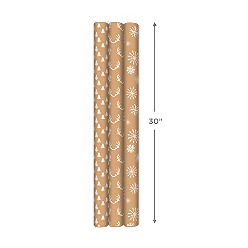 Hallmark Recyclable Kraft Wrapping Paper with Cut Lines (3 Rolls: 90 Sq. Ft. Ttl.) Minimalist Christmas, White Trees, Deer Antlers, Snowflakes on Brown Kraft for Holidays, Weddings, Winter Solstice