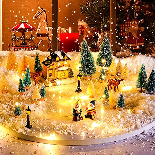 Yerliker 28 Pieces Christmas Mini Miniature Village Accessories Artificial Trees Street Lamps Santa Snow Houses Elk for Miniature Scenes Village Displays (Lake Blue and Beige,Gnome Style)