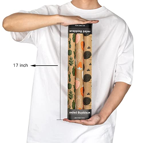 MAYPLUSS Kraft Wrapping Paper Roll - Mini Roll - 17" X 120" Per roll - Fruit/Cactus/Hedgehogs Design (42.3 sq.ft.ttl)
