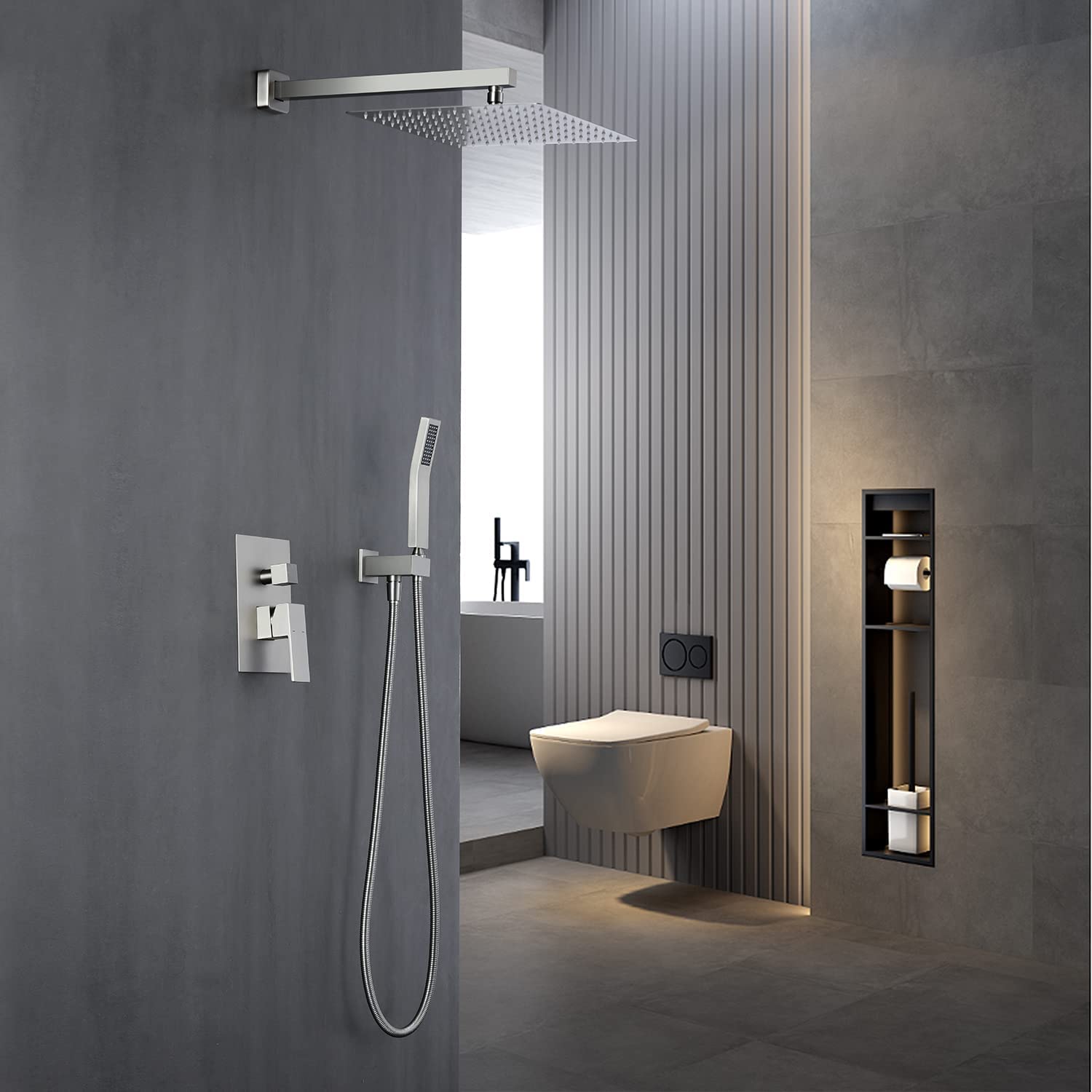 Kruzoo Shower System Rain 12 inches Brass Shower Faucet Set with Handheld Spray Mixer Set High Pressure Square Rainfall Shower Rough-in Valve (cUPC Certified Shower Valve Included) Brushed Nickel