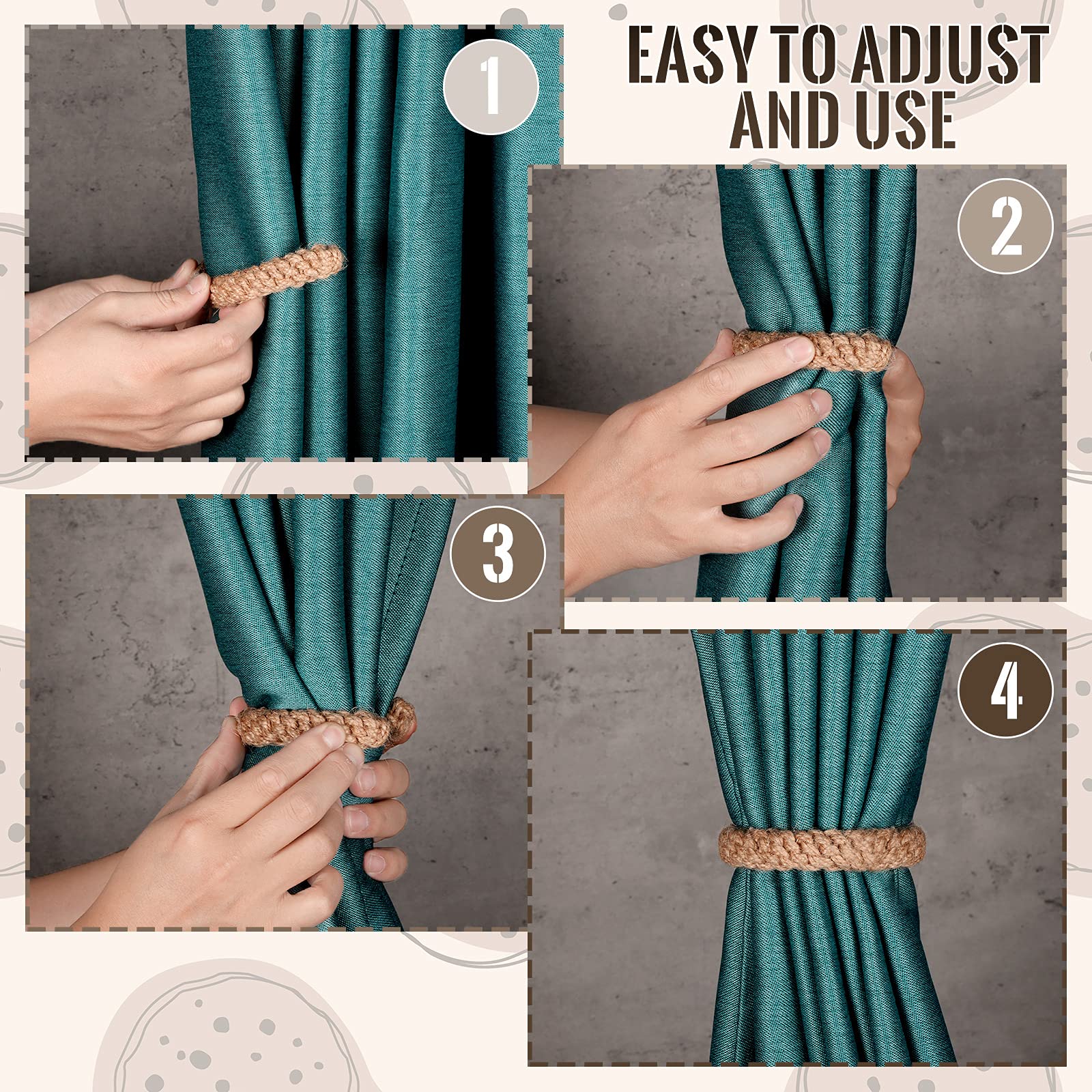 Curtain Tiebacks Rustic Curtain Holdbacks Braided Drapes Ties Handmade Tiebacks for Home Office Light Weight Drapes Decoration Supplies(6 Pieces)