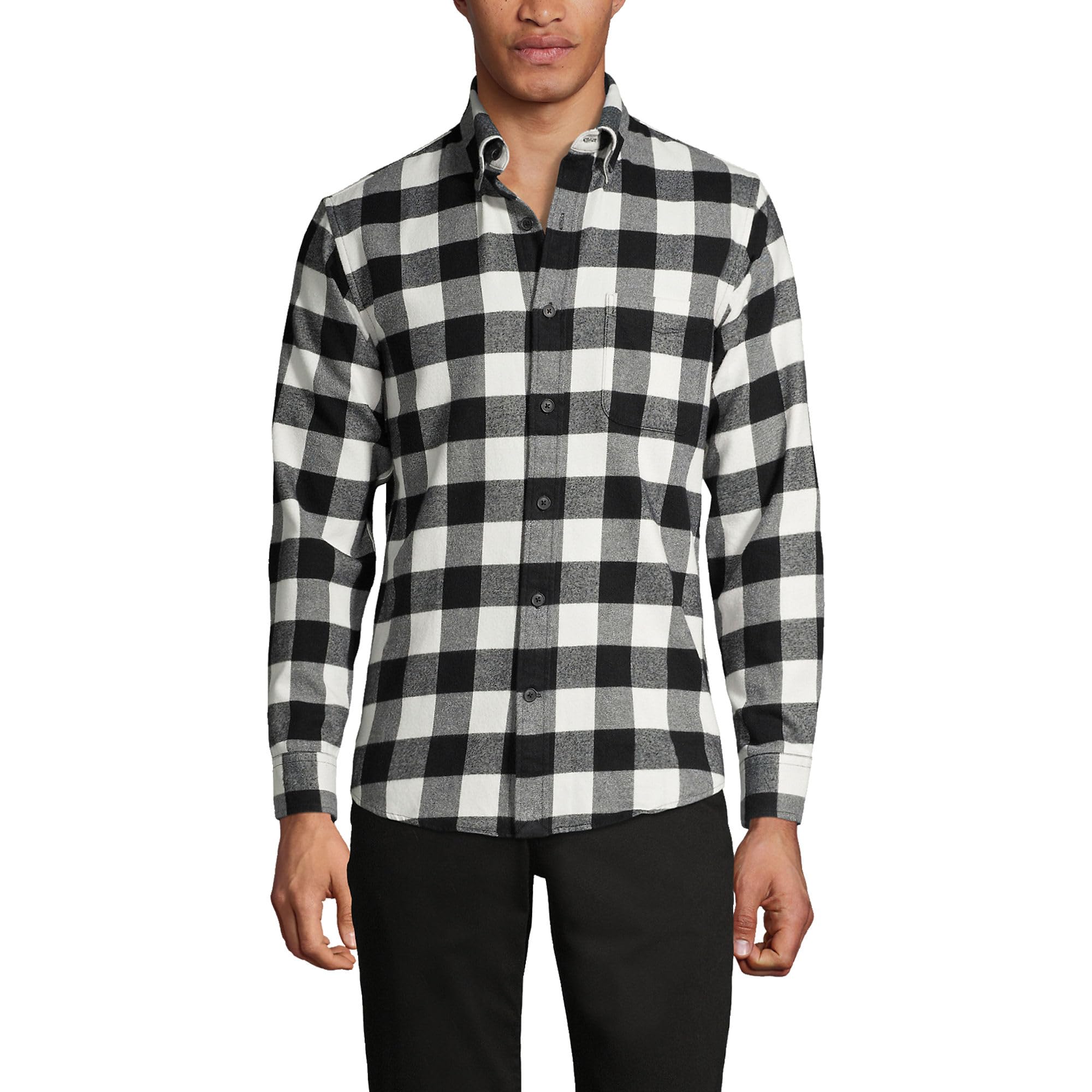 Lands' End Mens Traditional Fit Flagship Flannel Shirt Black/Ivory Buffalo Check Regular Large