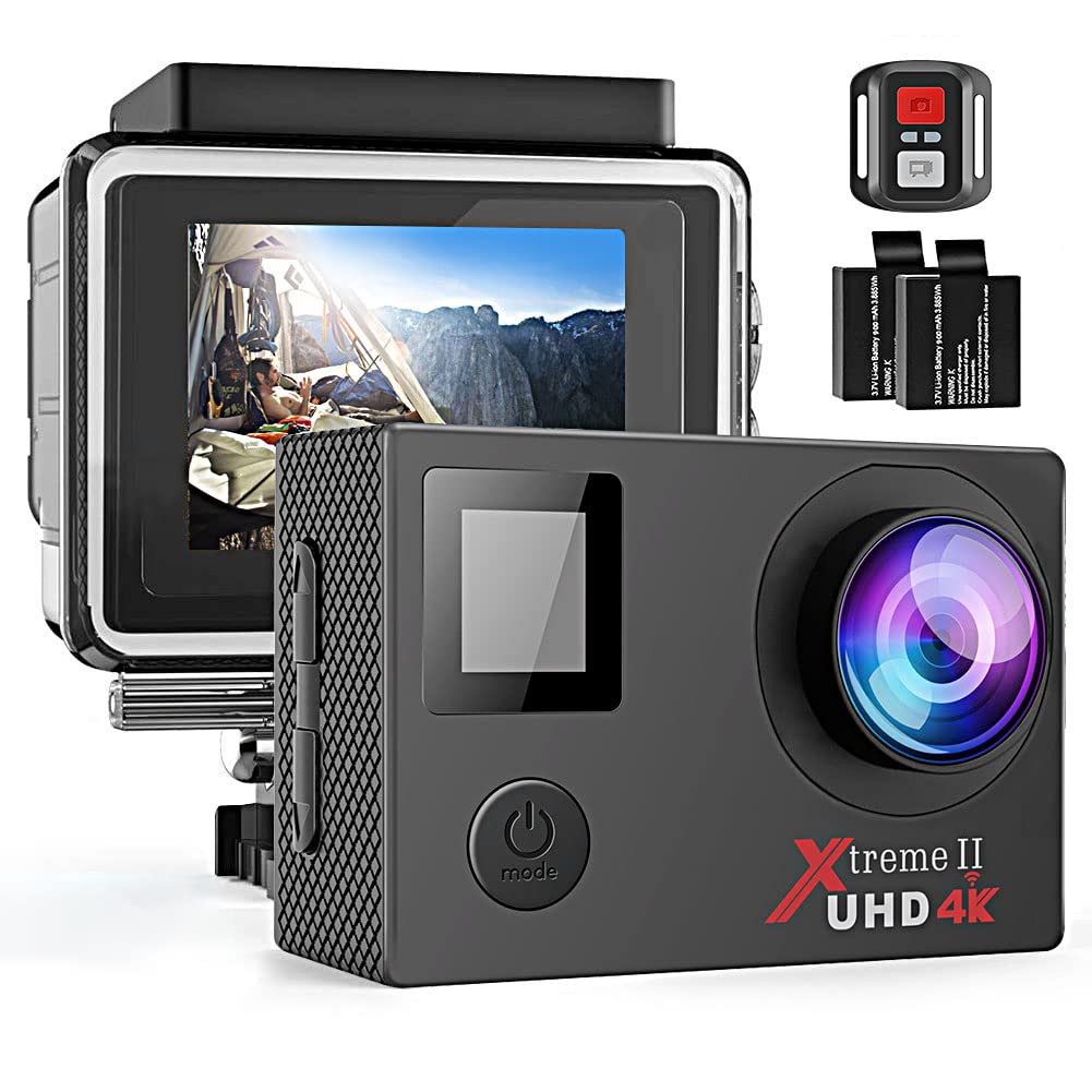 CAMWORLD Action Camera 4K 30FPS WiFi Ultra HD 4X Zoom PC Webcam Sports Underwater 30M Waterproof 170° Wide Angle Lens with Remote Control, 2 Batteries and Mounting Kit