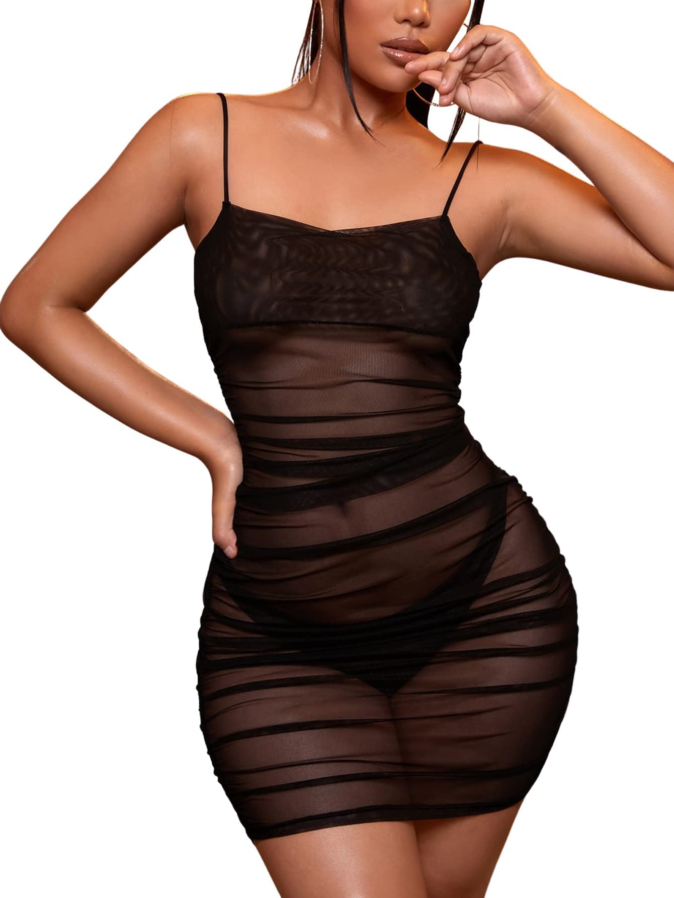 Verdusa Women's Ruched See Through Mesh Spaghetti Strap Bodycon Cami Dress Black M