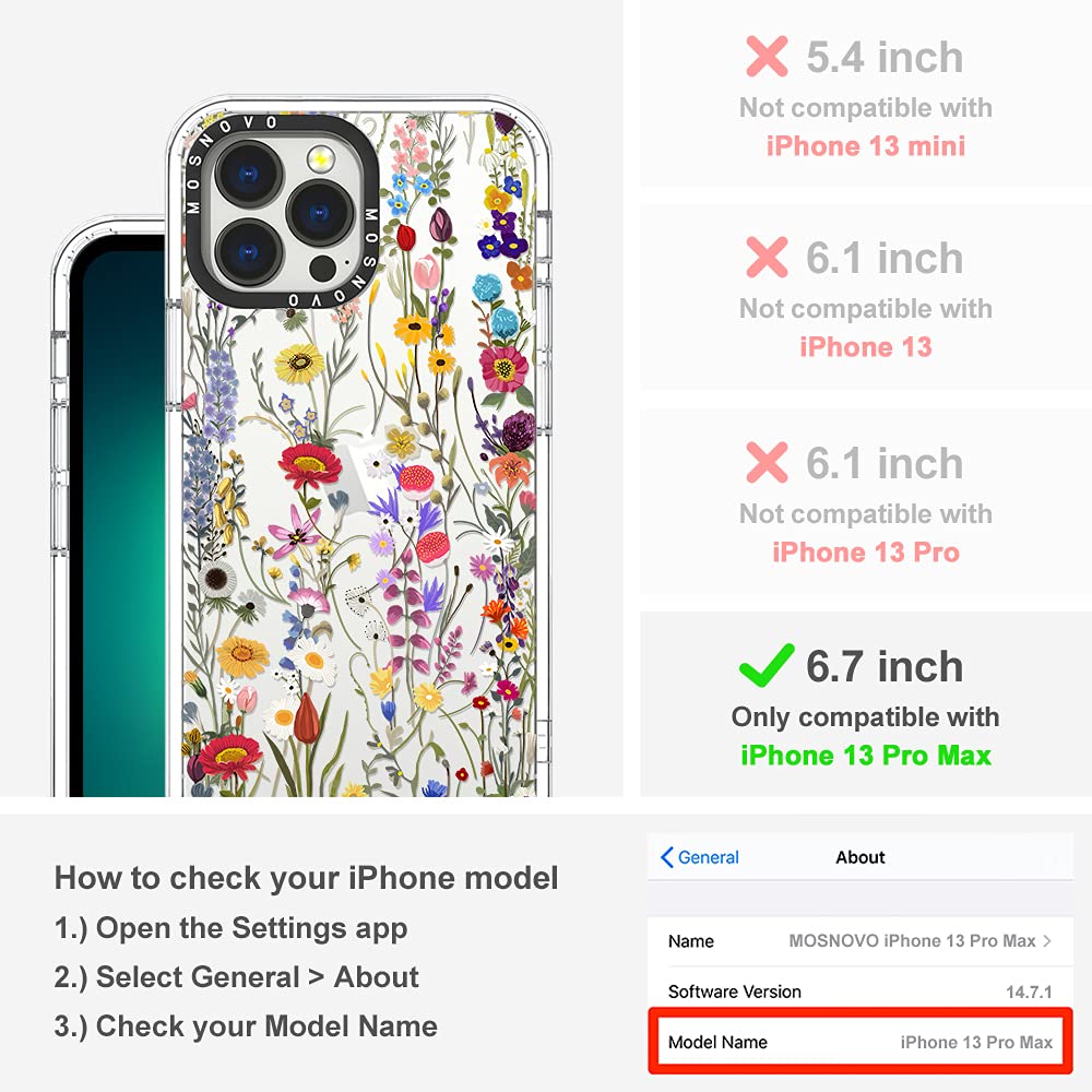 MOSNOVO Case for iPhone 13 Pro Max, [Buffertech 6.6ft Military-Grade Drop Protection] [Anti Peel Off Tech] Clear TPU Bumper Phone Case Cover Design - Wildflower Meadow